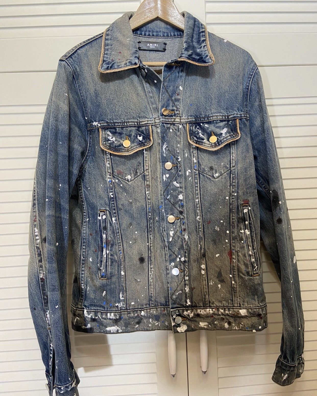 Amiri Amiri denim jacket splashed with ink painted with graffiti | Grailed