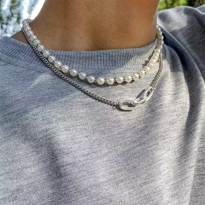 Cuban Link Chain Set Geometric Design Imitation Pearl Necklace | Grailed