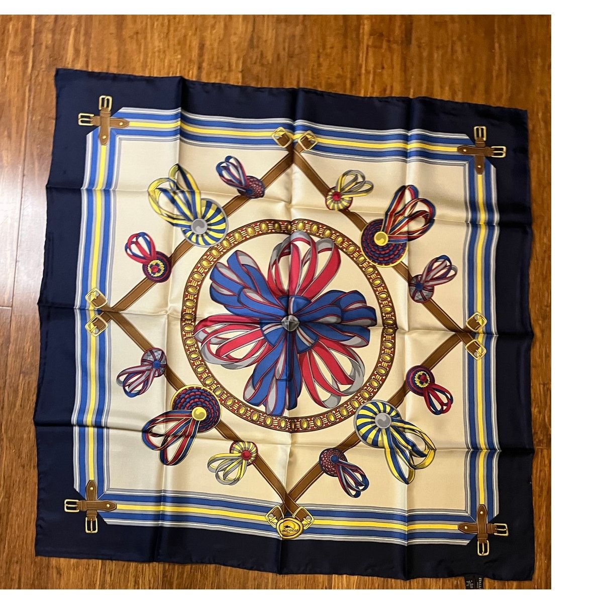 Longchamp Longchamp Square Silk Scarf Ribbon Design Navy Border 90x90 ...