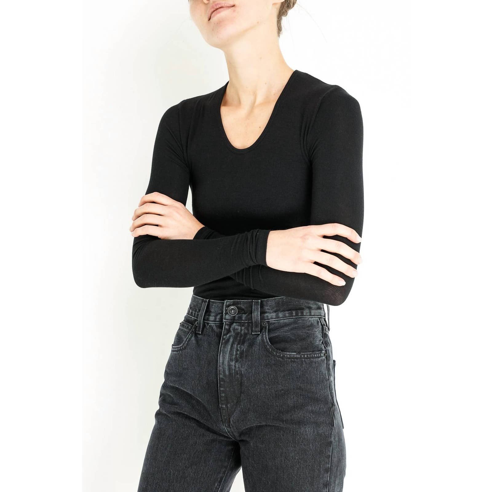 Atm Modal Rib U Neck Bodysuit In Black Grailed