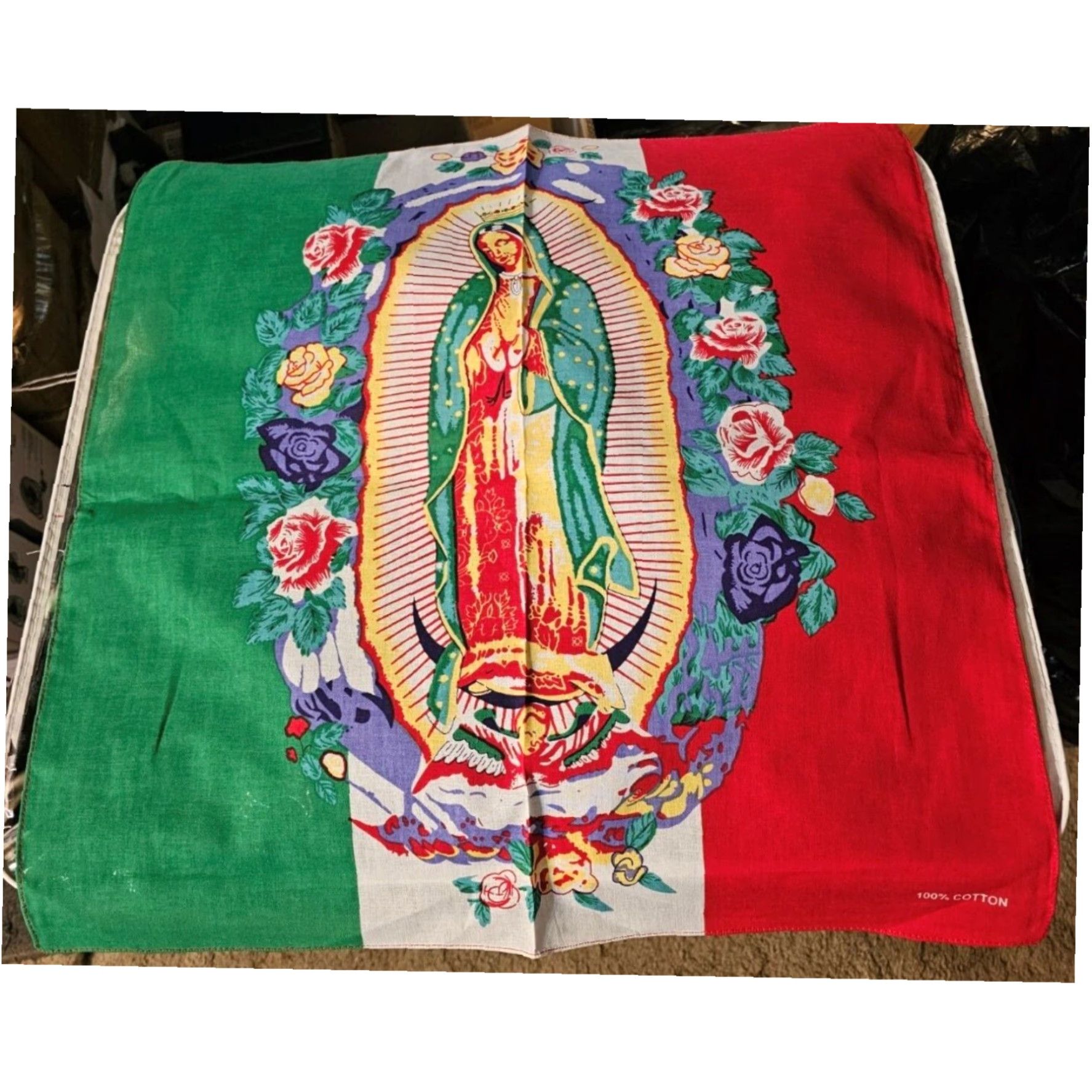 Vintage Guadalupe Virgin Mary Flower Rose Bandana Trio with Vibrant ...