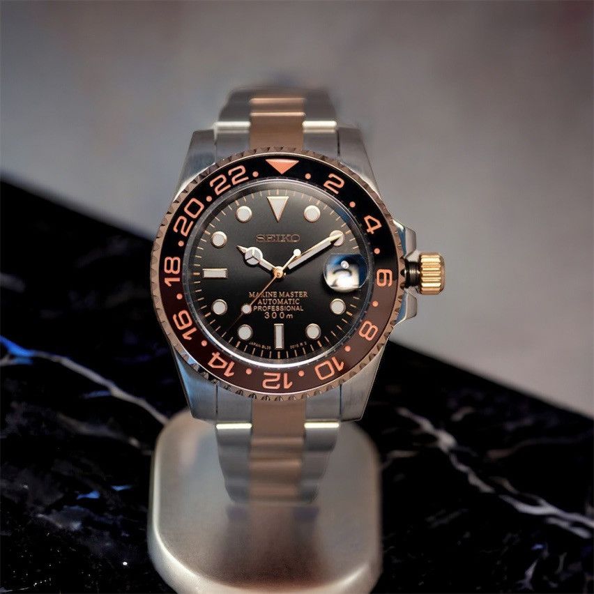 Custom × Seiko × Watch Seiko Mod GMT 2 Rootbeer Rosegold Steel Watch ...