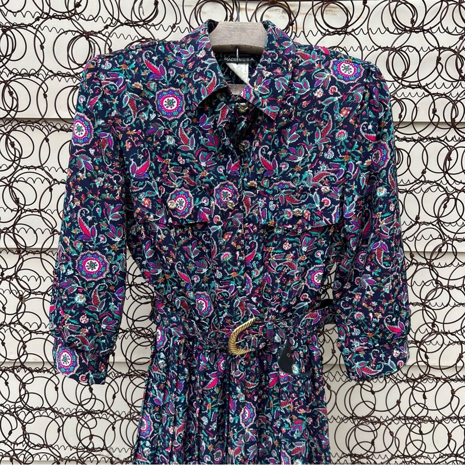 Vintage 80s Breli Floral Paisley Accordion Pleat Dress Matching Belt ...