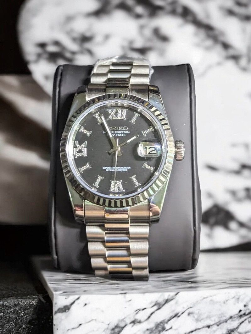 Japanese Brand × Seiko × Watch Seiko Mod Day-Date Diamond Black Dial ...