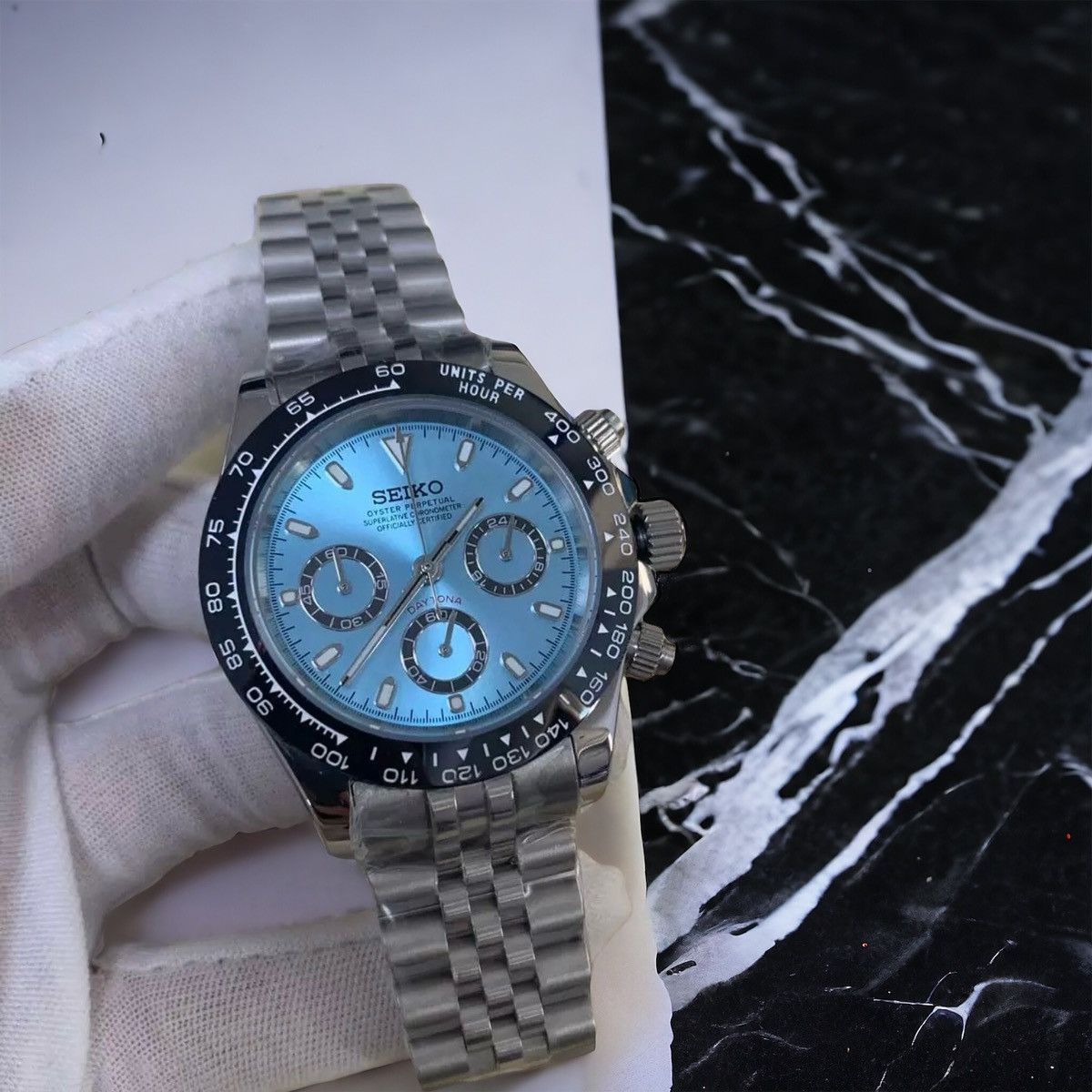 Japanese Brand × Seiko × Watch Seiko Mod Daytona Ice Blue Dial Jubilee ...