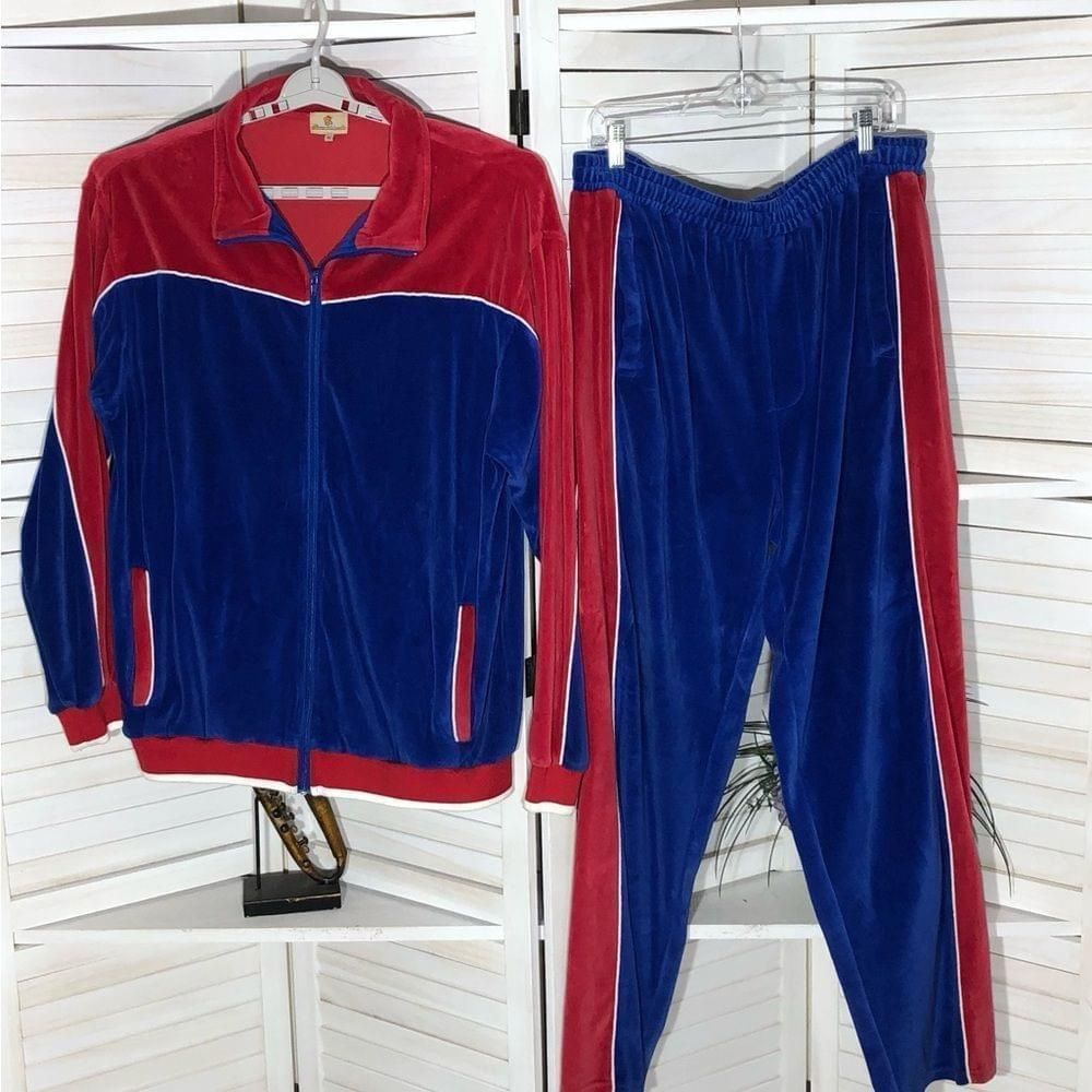 Streetwear Sweatsedo 80s style red blue velour track suit jacket Sz XL ...