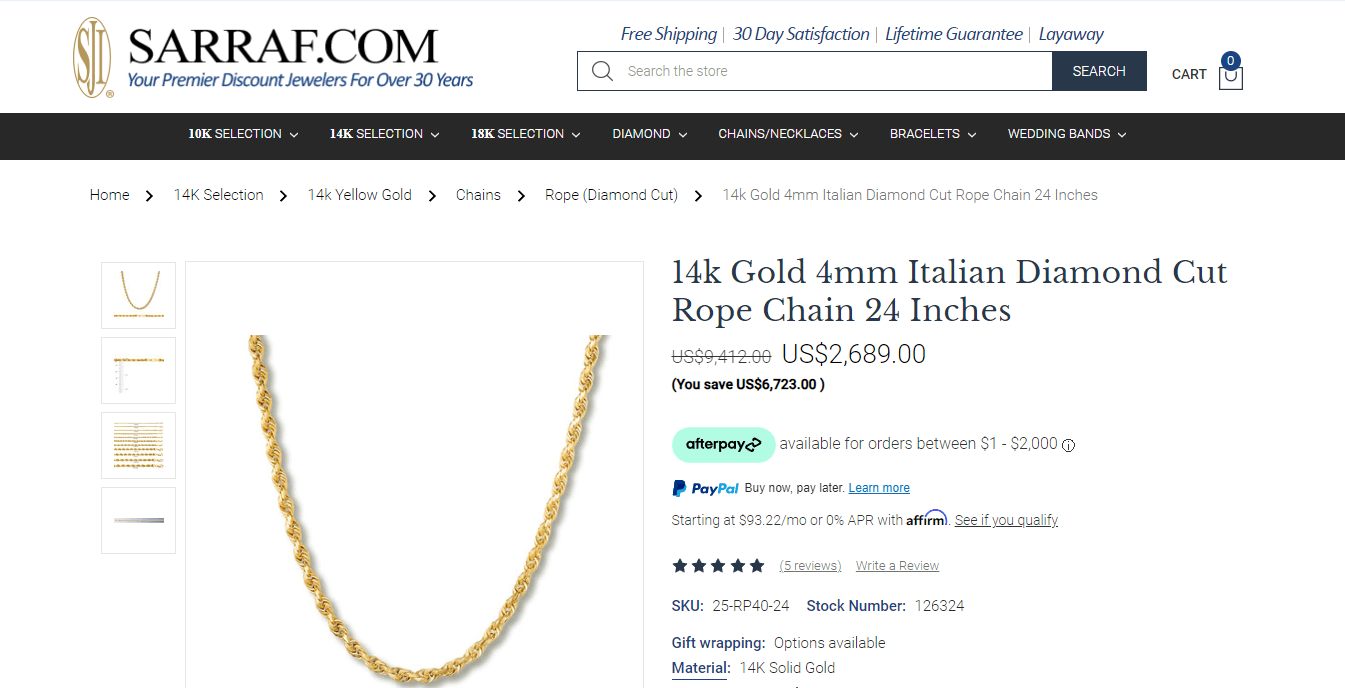 Italian Designers Diamond Cut, Solid Gold Rope Chain, 14K, 4MM, 24 ...