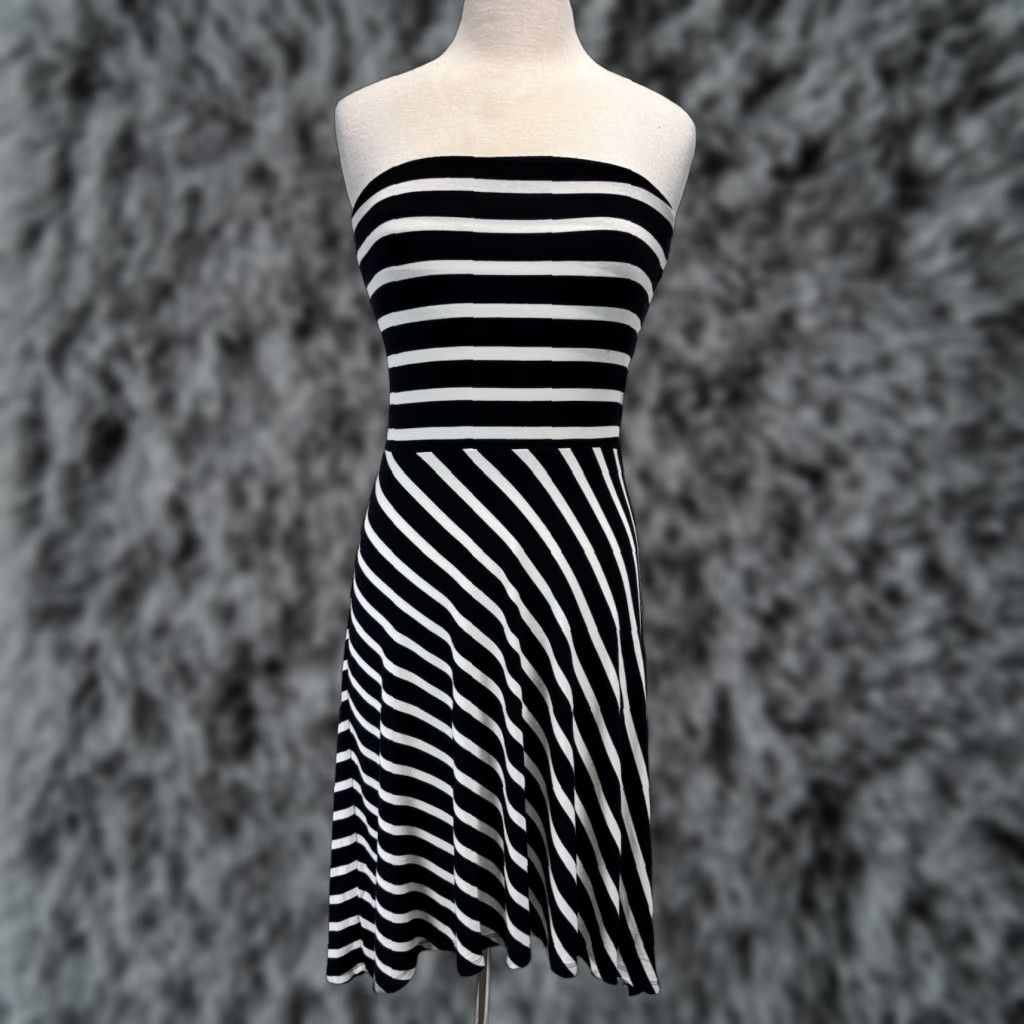 Loft VINTAGE LOFT Classic Striped Strapless Dress Medium Black White ...