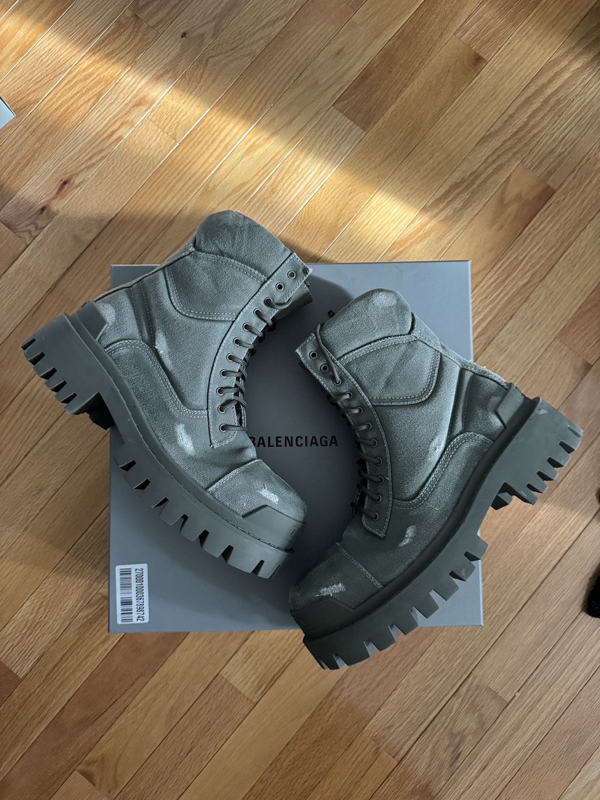 Balenciaga Men’s Combat Strike 20MM Boot in Kaki Distressed Canvas | Grailed