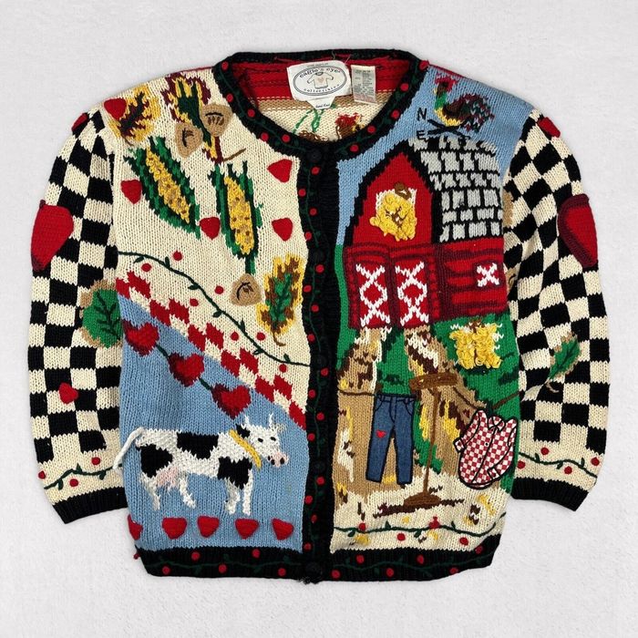 Vintage Eagles Eye Farm Hand Knit Cardigan Grandma Sweater M Cute | Grailed