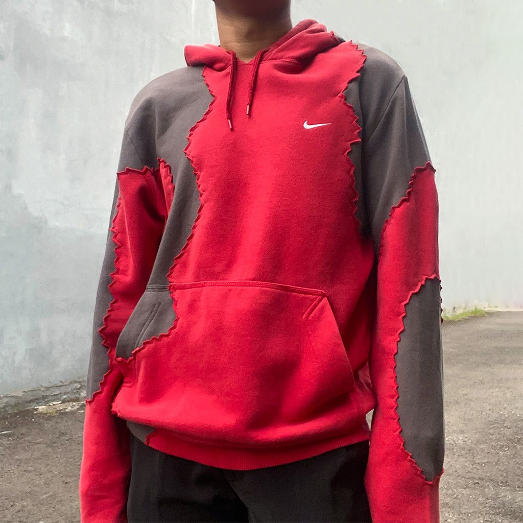 Nike × Streetwear Reworked Nike Patchwork Hoodie Red Grey | Grailed