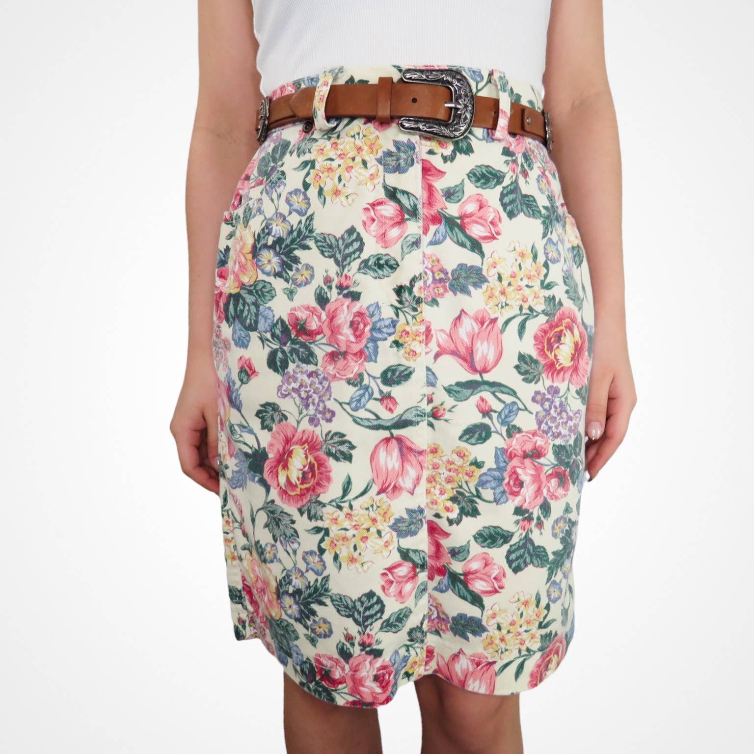 Vintage 1980s Vintage Floral Skirt High Rise Retro Denim Skirt | Grailed