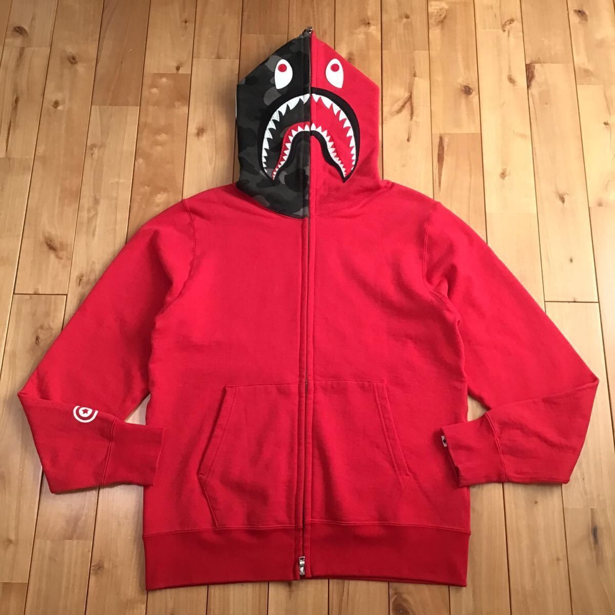 Bape BAPE Shark full zip hoodie black camo × red a bathing ape | Grailed