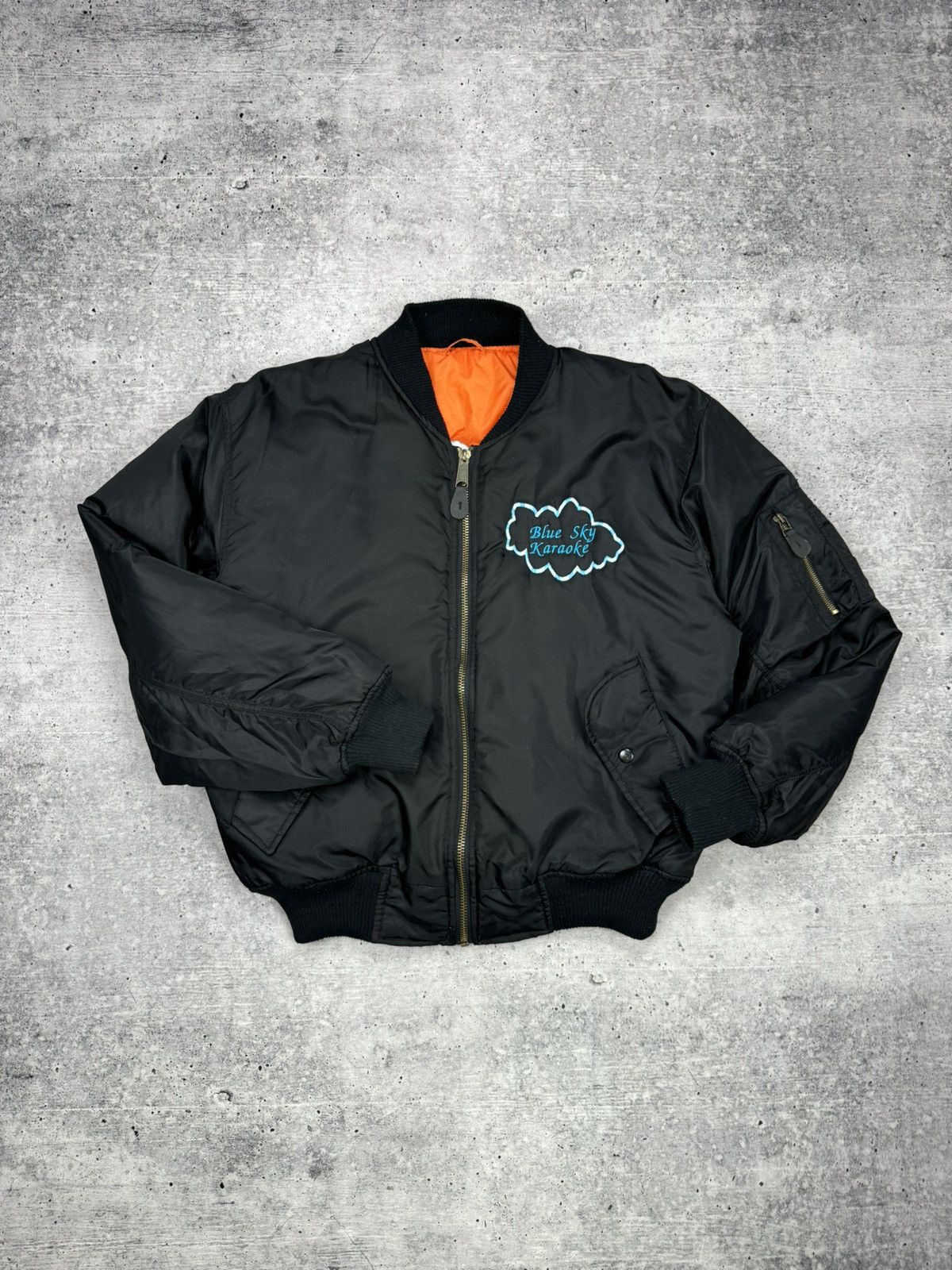 Bomber Jacket × Streetwear × Vintage Vintage MA1 Bomber Jacket Big Logo Blue Sky Karaoke 90’s ...