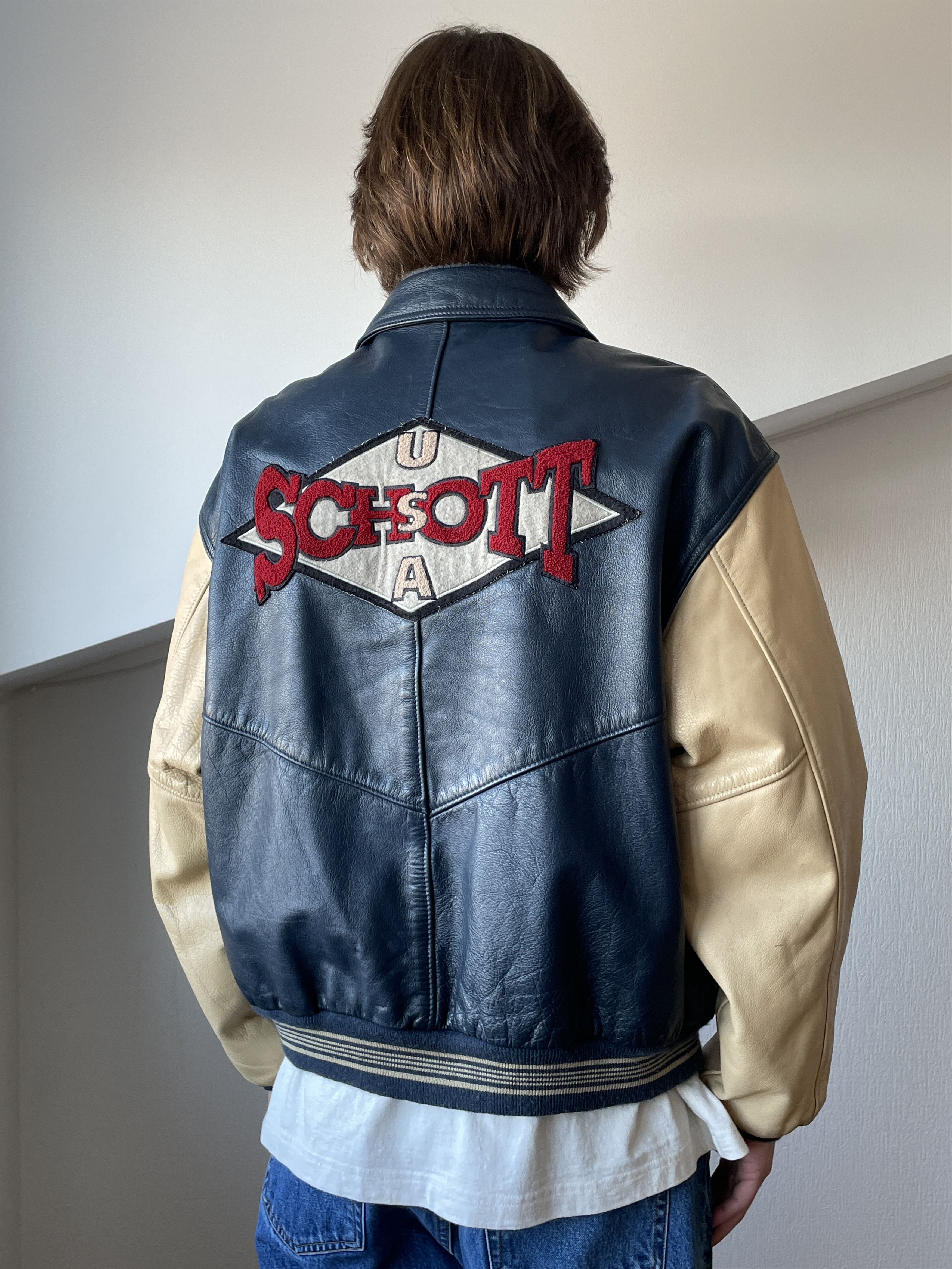 Leather Jacket × Schott × Vintage SCHOTT Varsity Jacket Bomber Leather ...