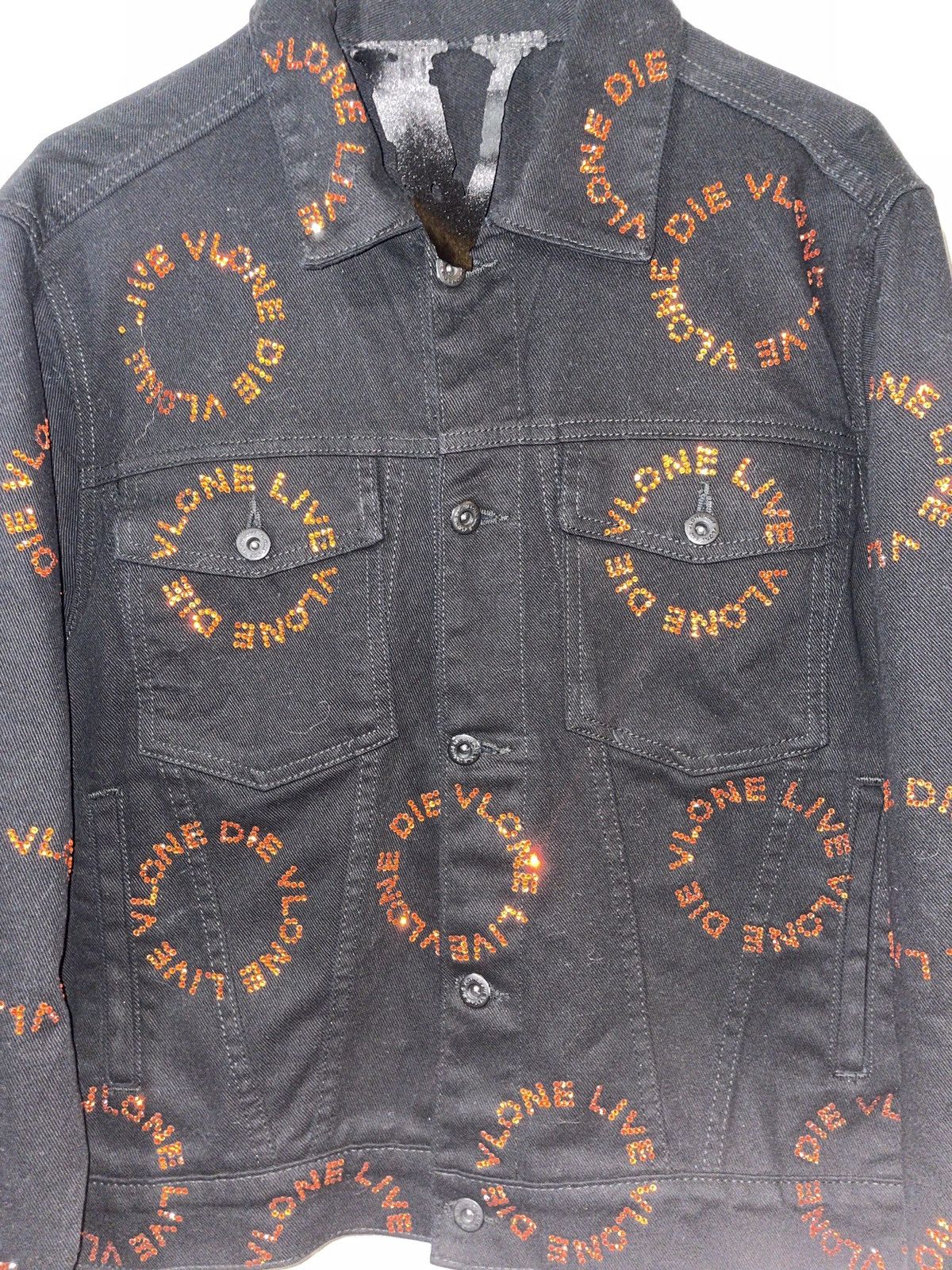 Vlone VLONE ORANGE RHINESTONE BLACK DENIM JACKET MEDIUM | Grailed