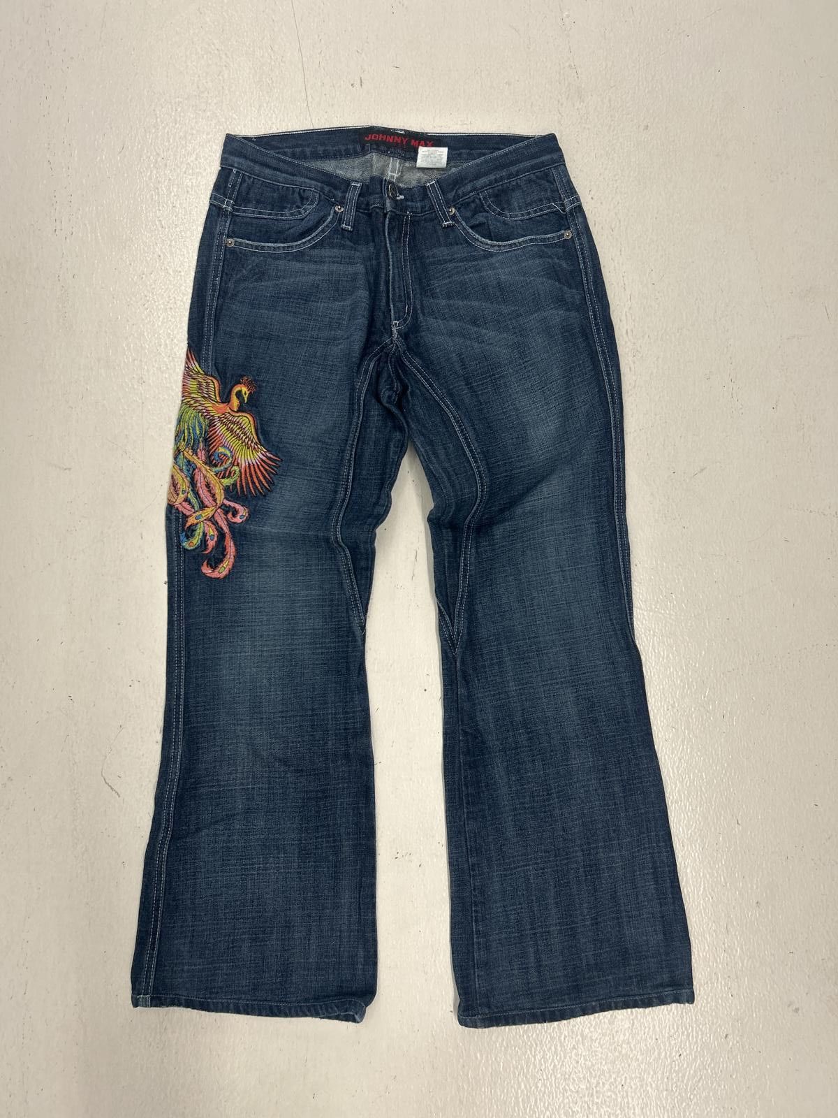Designer Johnny Max Flared Jeans with Colorful Embroidery | Grailed