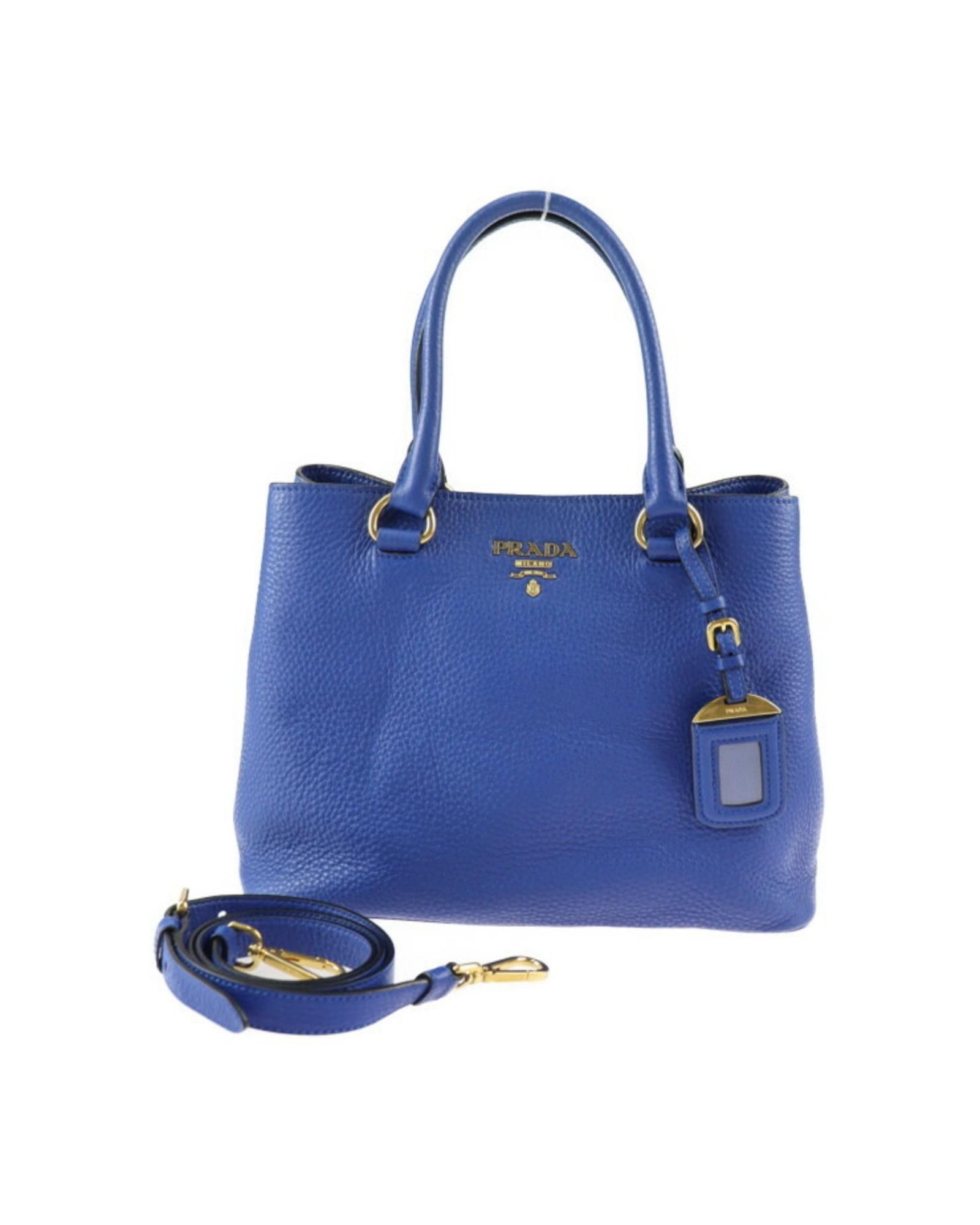 Prada Blue Leather Shoulder Bag with Name Tag and Strap | Grailed
