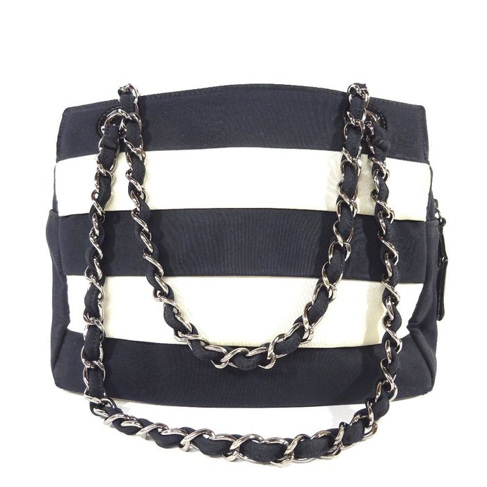 Chanel Chanel Border Chain Shoulder Bag Black White Ikat Nylon Canvas ...