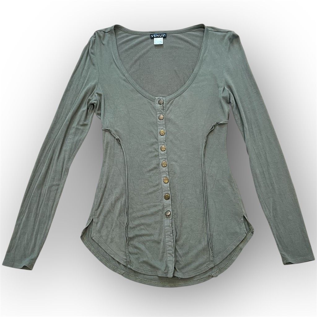 Venus Venus Deconstructed Exposed Contour Seams Long Sleeve Moss G ...