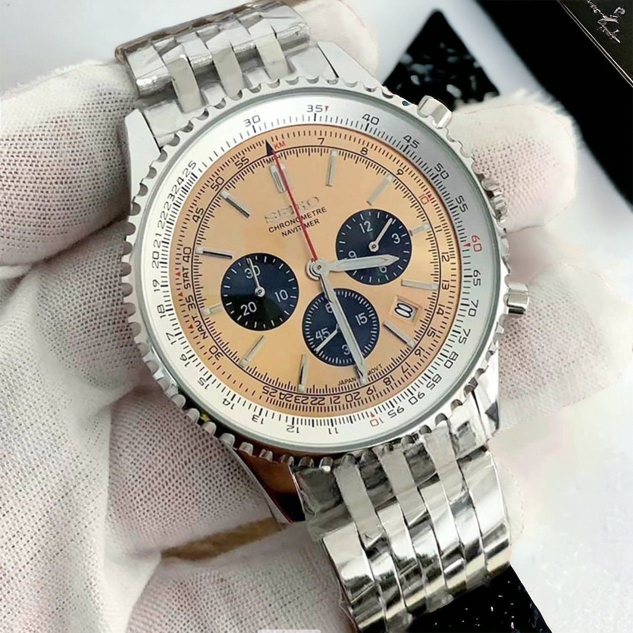 Seiko Seiko Mod Navitimer Chronograph Beige Dial Steel 43mm Watch | Grailed