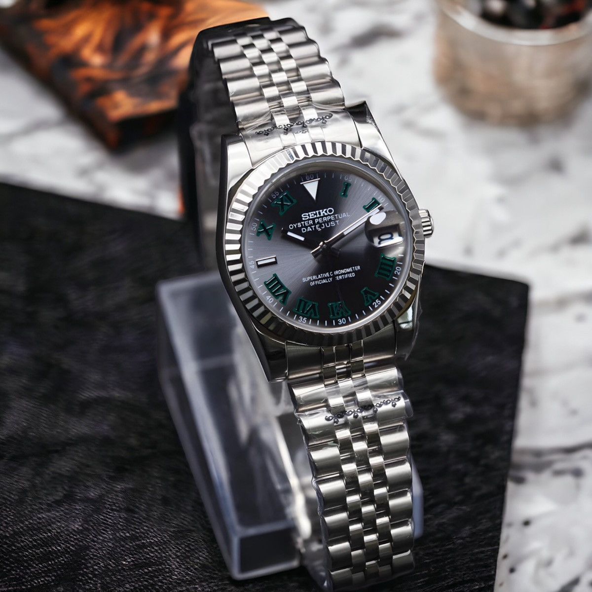 Custom × Seiko × Watch Seiko Mod Datejust Wimbledon Grey Jubilee Watch ...