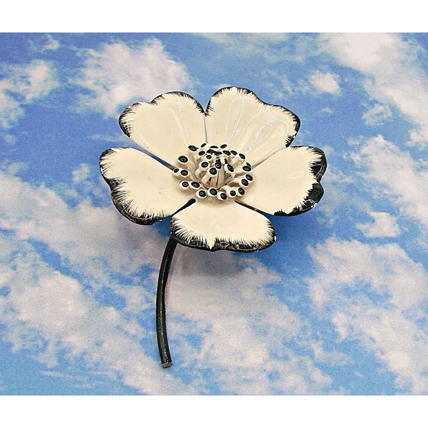 Vintage Enamel Poppy Flower Pin Brooch White Black Trim Stem Retro L ...