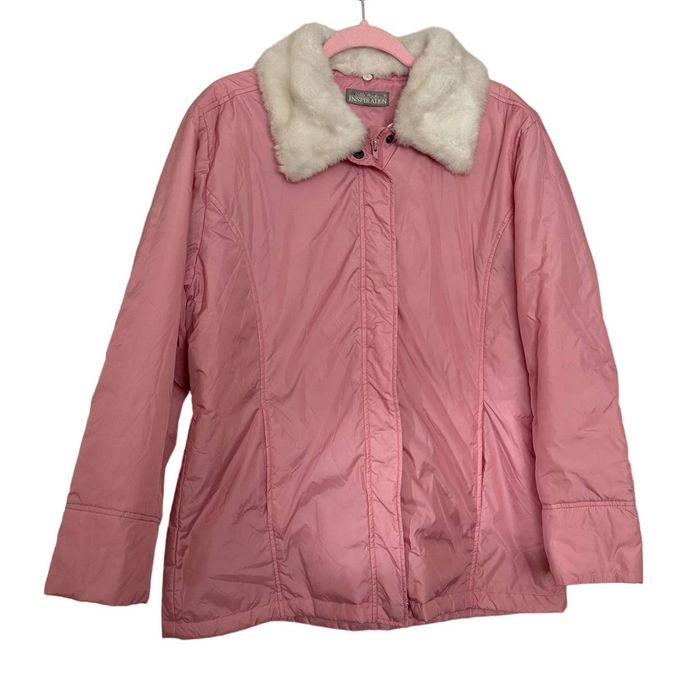 Vintage Vintage Medium Pink Coquette Faux Fur Collared Nylon Jacket ...