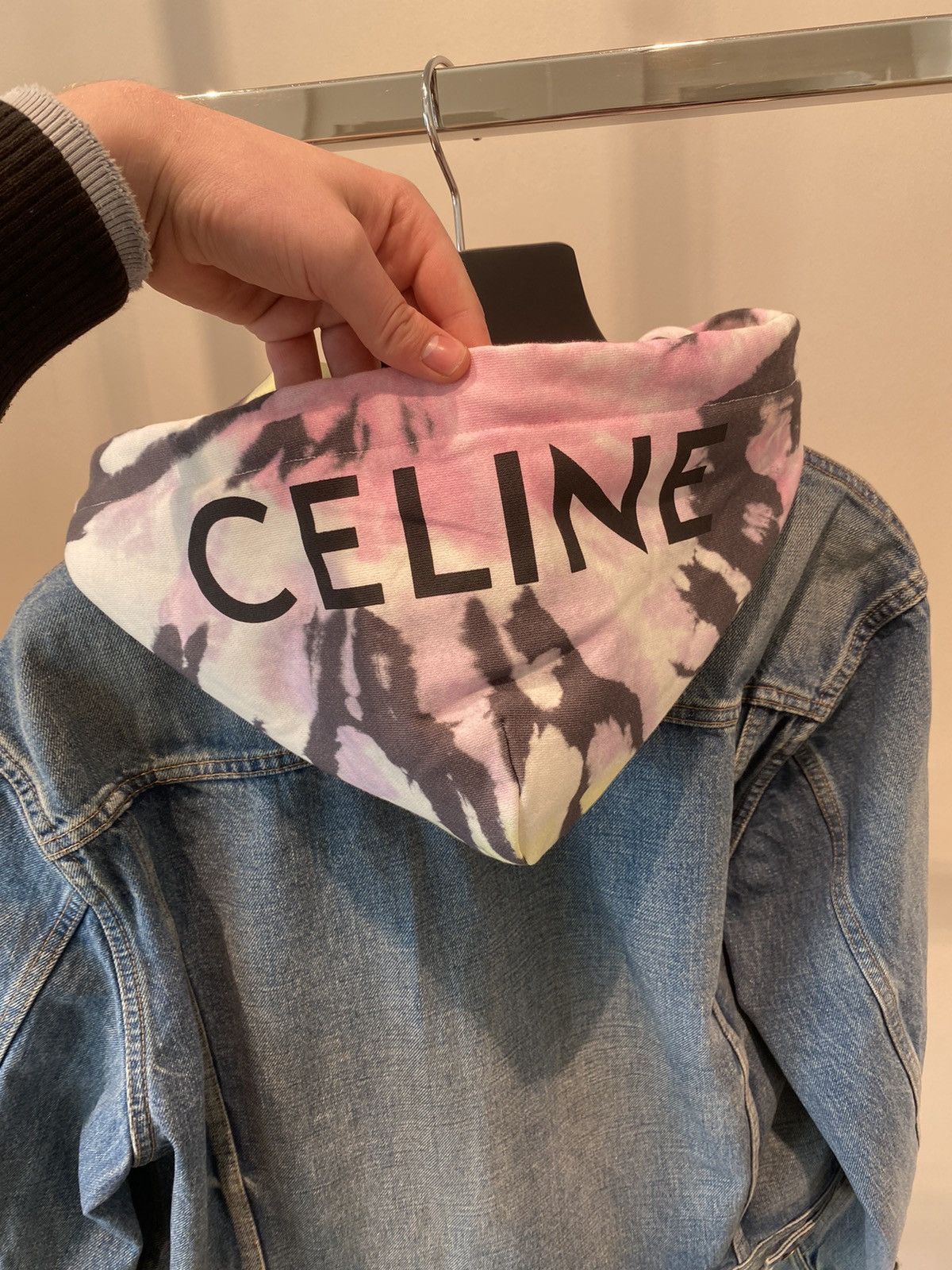 Celine BNWT Celine Denim Jacket with Tie-Dye Logo Hood | Grailed