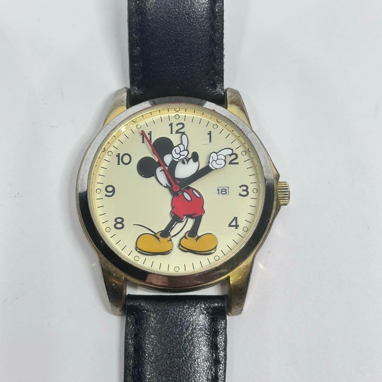 Disney Disney Mickey Mouse Base Metal Bezel Black Leather Watch | Grailed