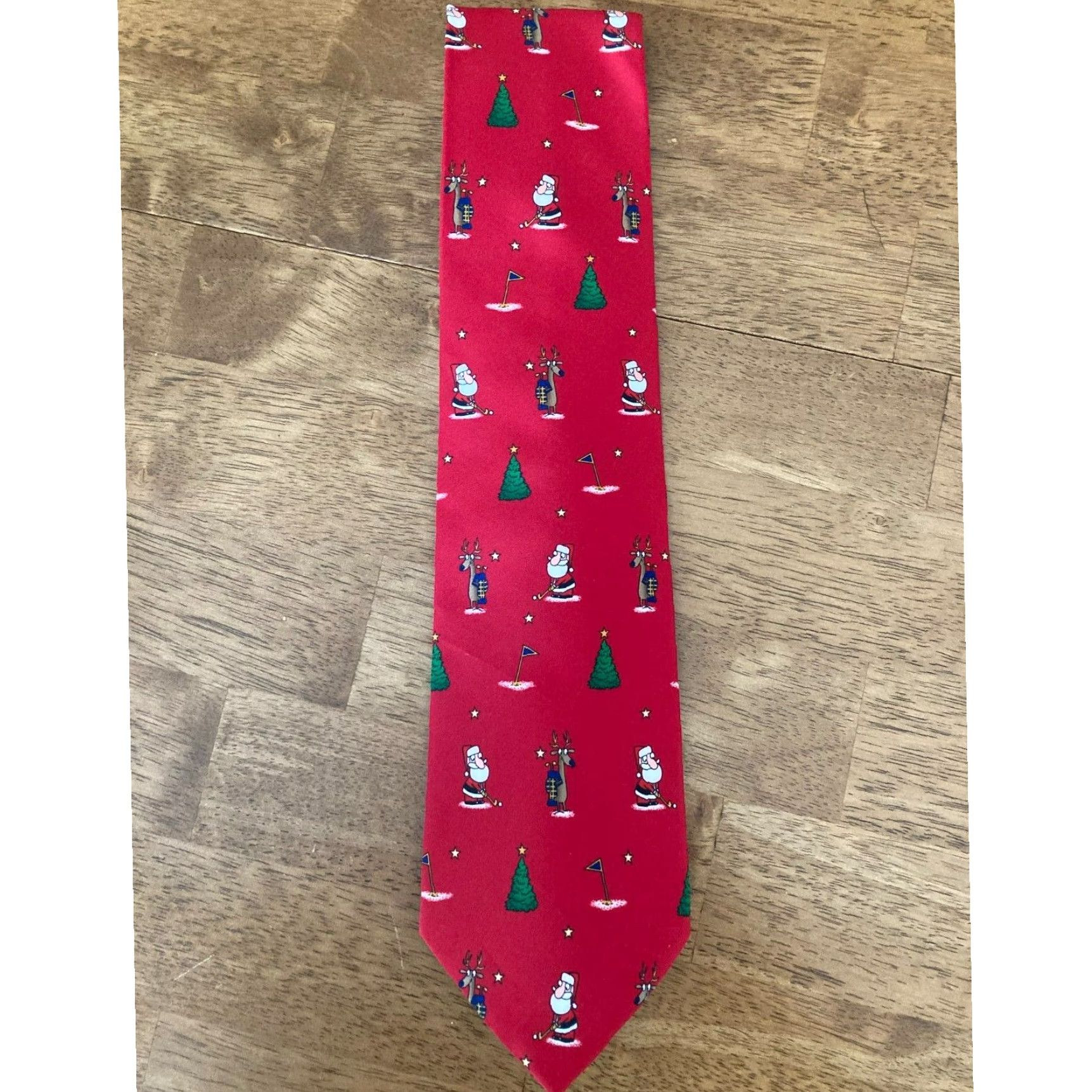 Vintage Christmas Themed Red Necktie Featuring Santa Golf Reindeer and ...