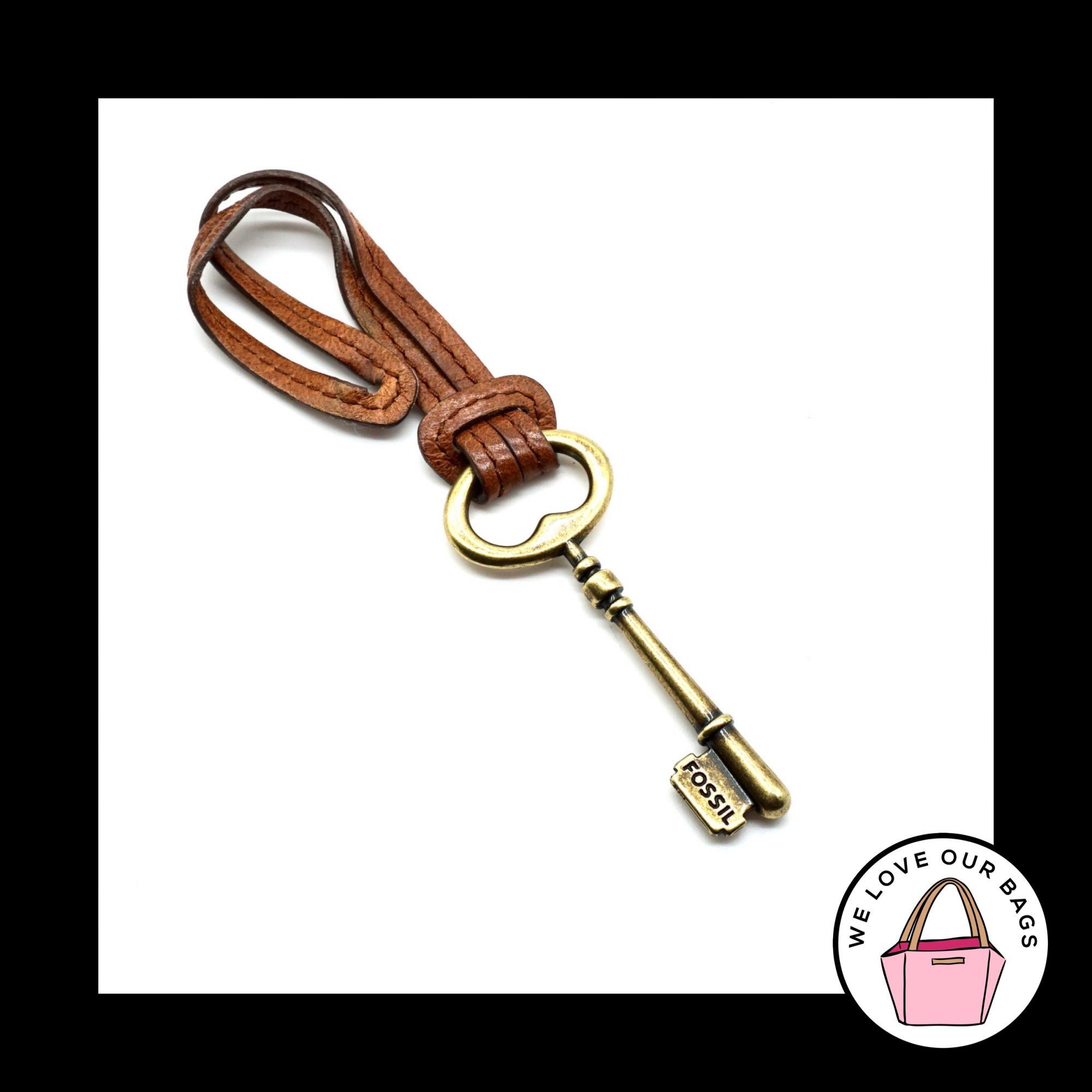 Fossil FOSSIL Large Gold Brass Key BROWN LEATHER Strap Fob Bag Char ...