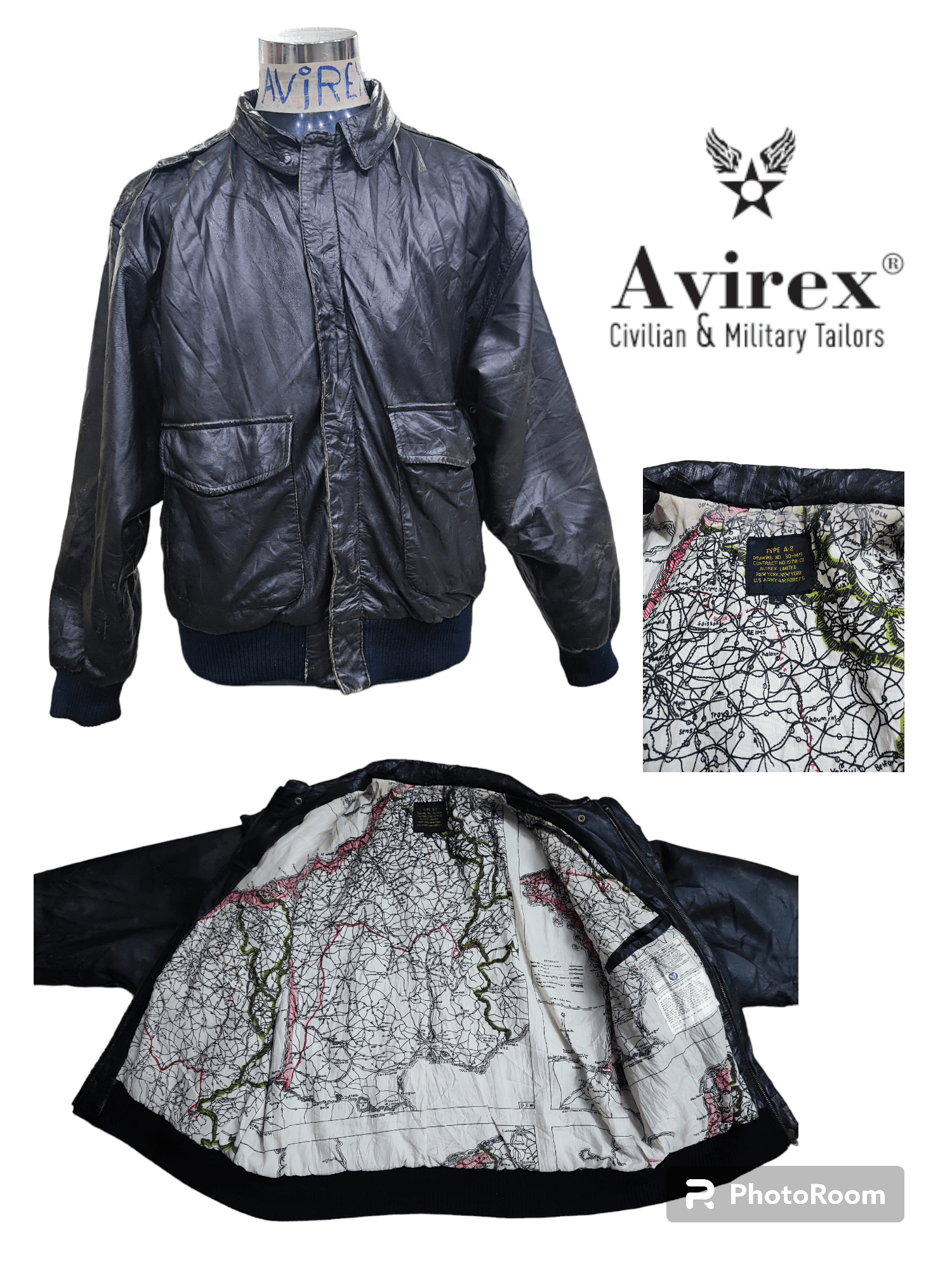 Avirex × B 3 × Leather Jacket Bomber Flight Military Pilot Design Maps ...