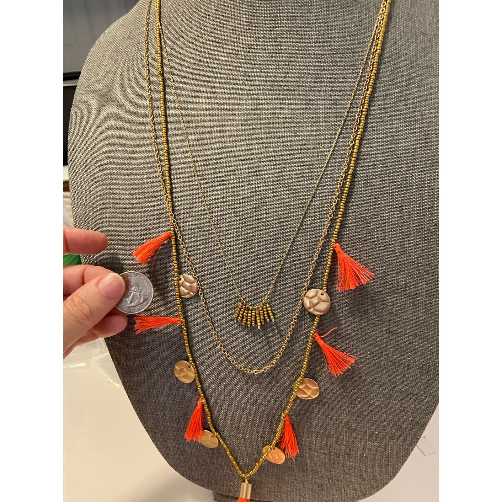 Generic Multilayer chain necklace bright orange tassel | Grailed