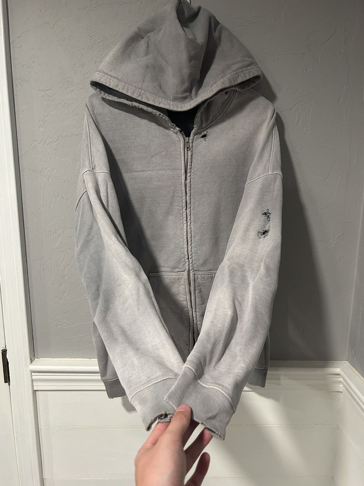 Vintage (XL) AMAZING FADED THRASHED GREY Blank Zip-Up Hoodie | Grailed