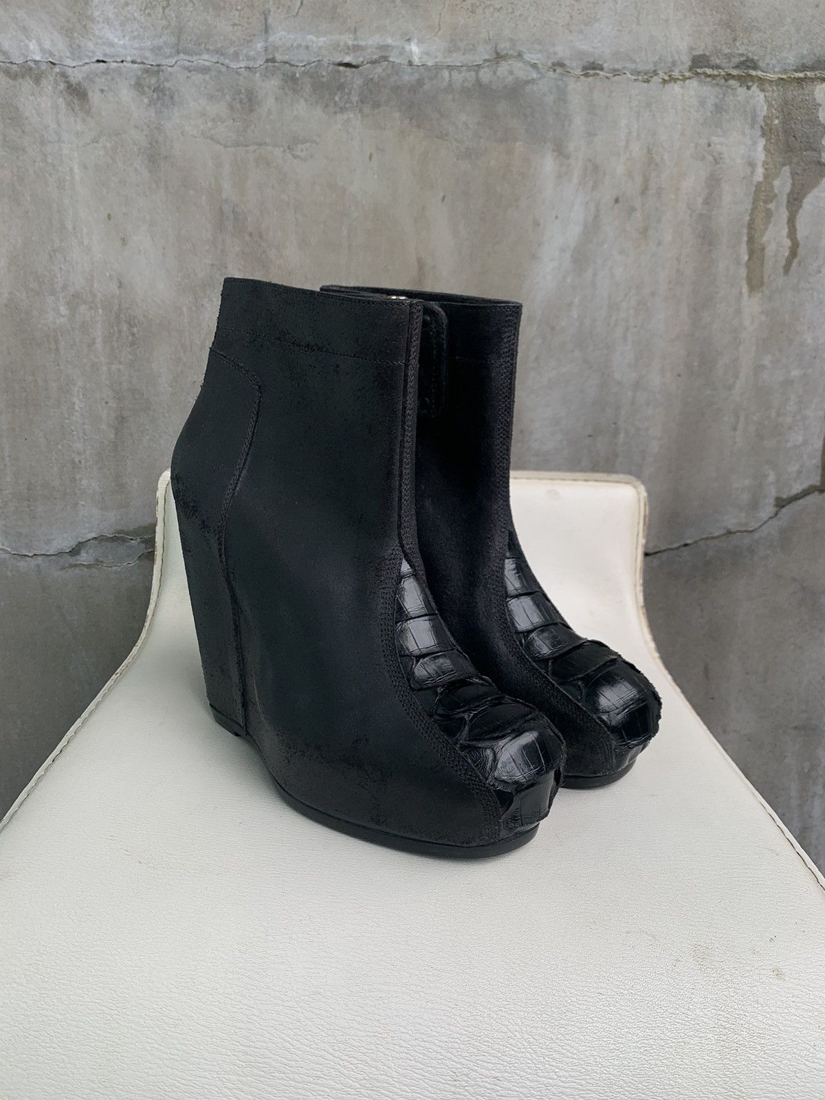 Rick Owens RUNWAY 1/1 Reverse Leather Croc Platform Wedge Boots | Grailed