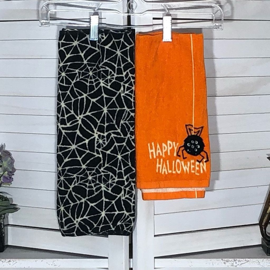 Vintage Halloween kitchen towel pair orange spider black spider web ...