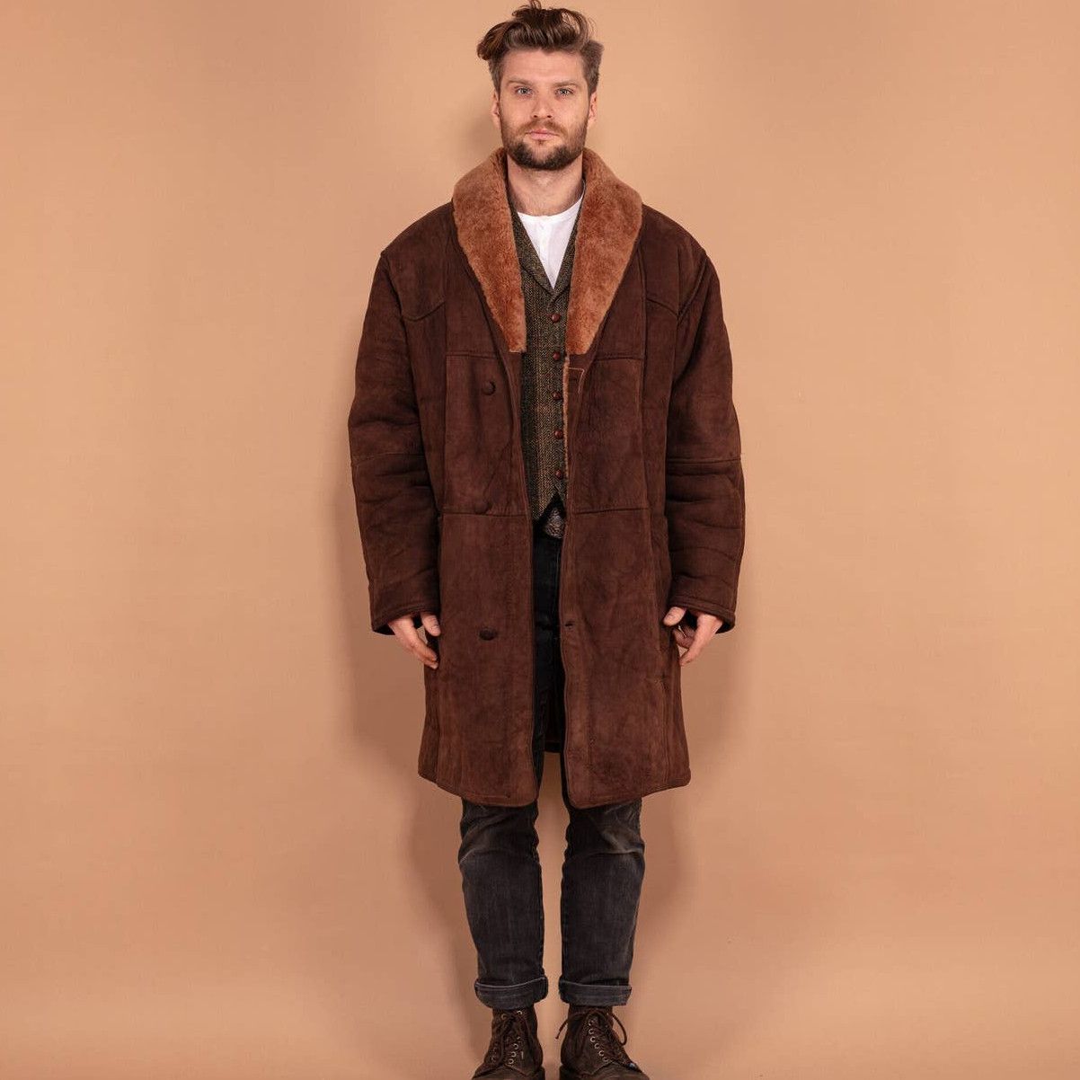 Vintage Vintage 80's Men Oversized Sheepskin Coat in Brown | Grailed