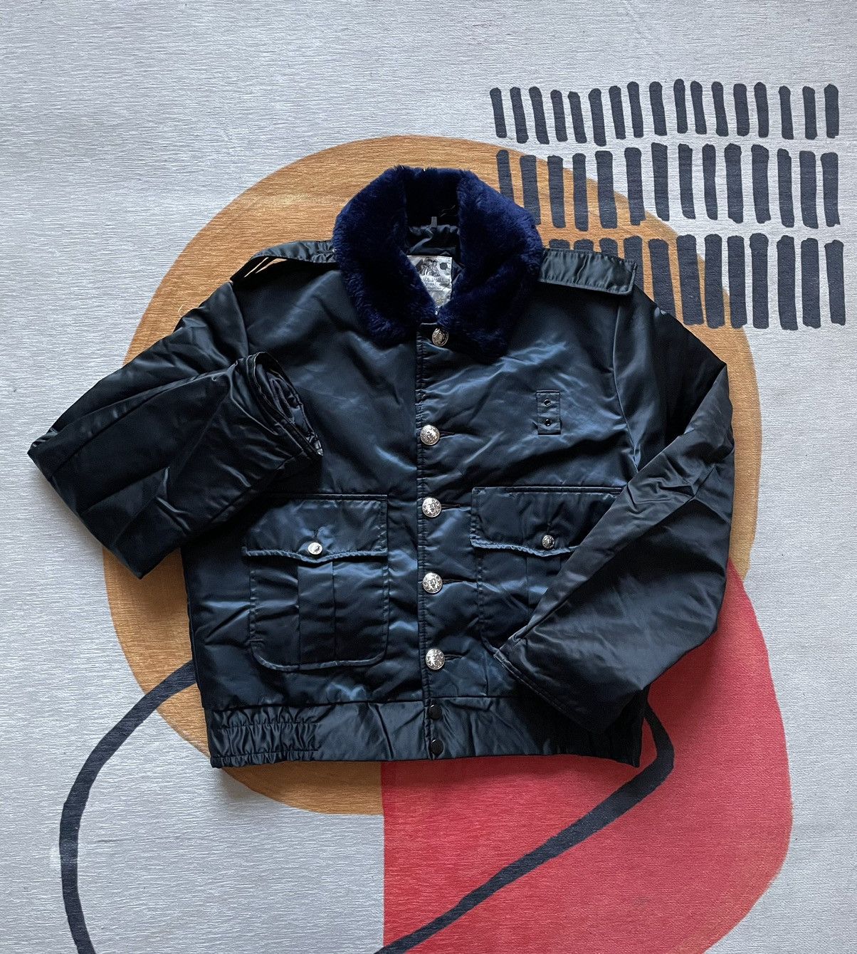 Police × Vintage Vintage 70s Police Bomber Black Jacket Fur Collar ...
