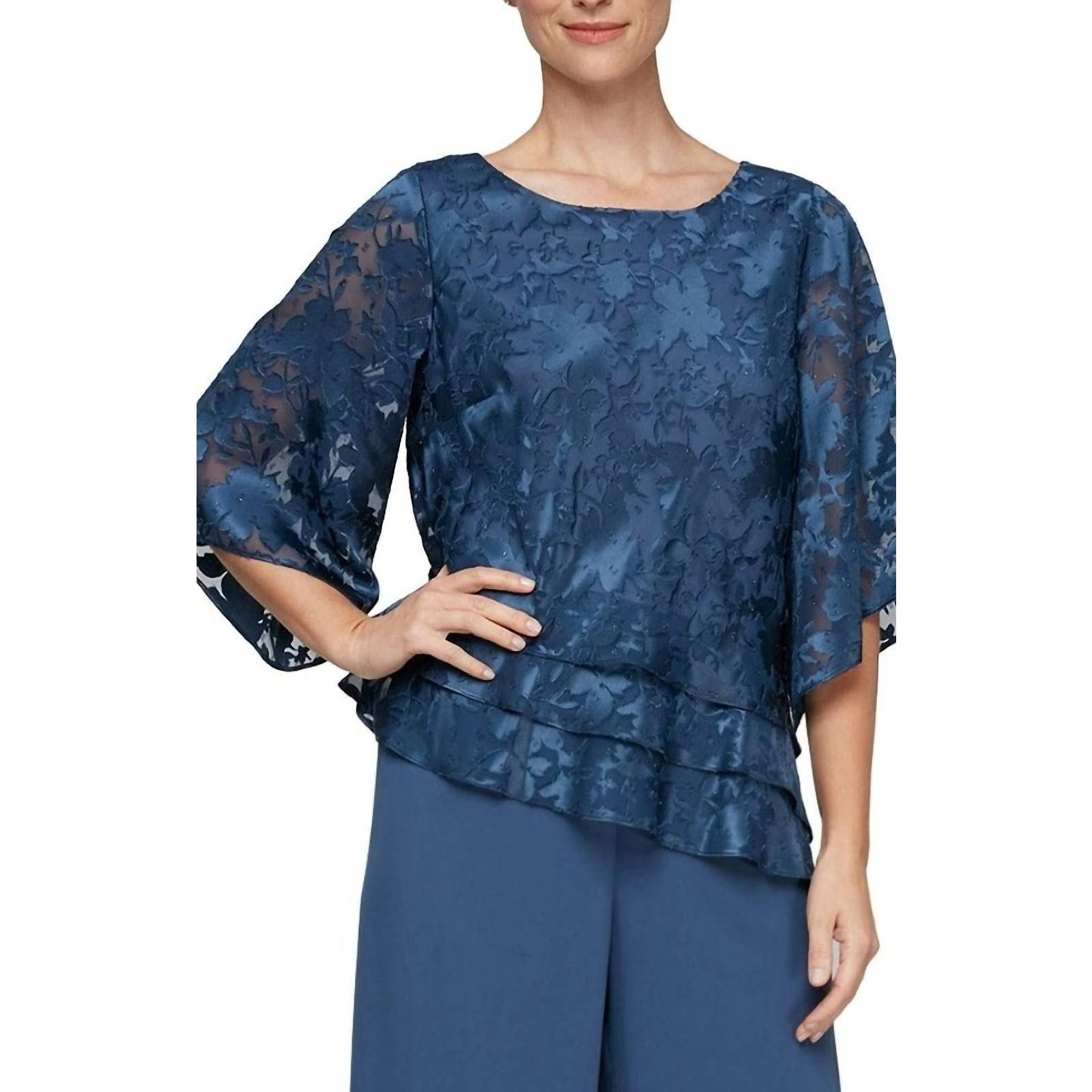 Alex Evenings Asymmetric Triple Tier Hem Top In Blue Grailed