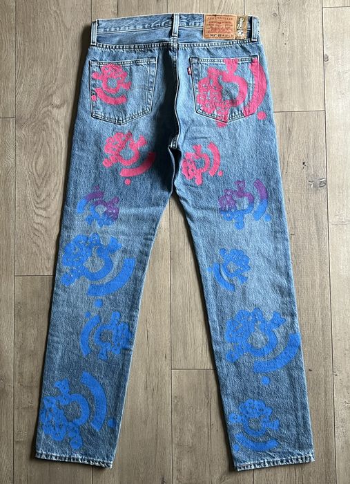 (B).Stroy B. Stroy Denim Tears Logo Screenprint Blue Denim Pants | Grailed