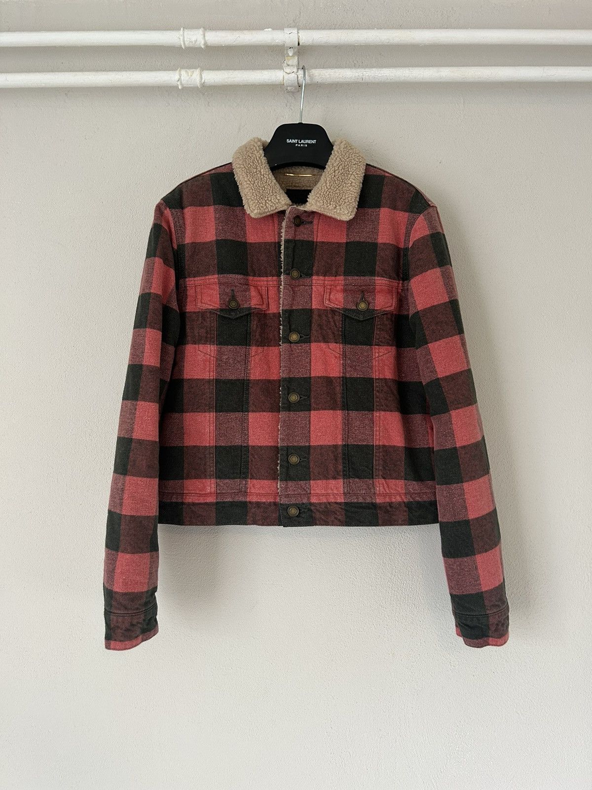Saint Laurent Paris Saint Laurent Red Buffalo Plaid Shearling Trucker ...
