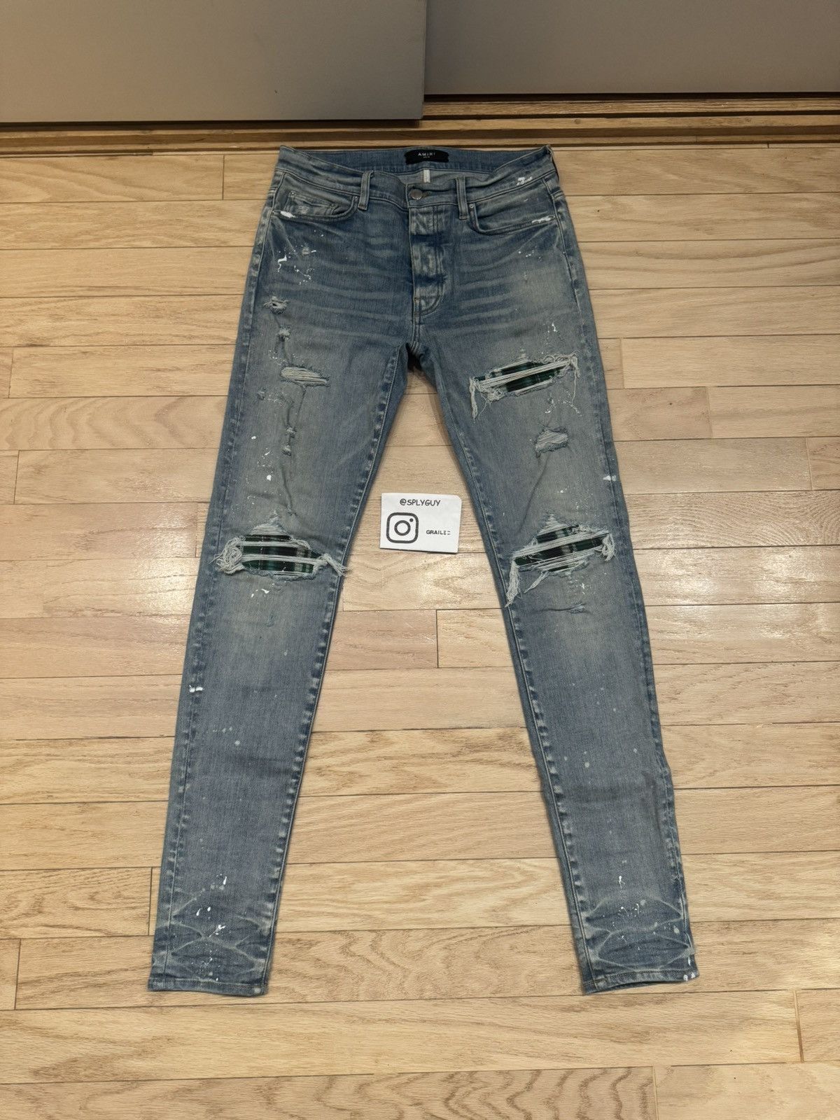 Amiri Amiri MX1 Green Flannel Plaid Patch Blue Paint Splatter Jean ...