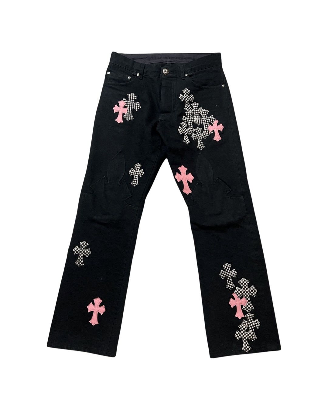 Chrome Hearts Pink checkered pony hair cross patch fleur knee denim ...