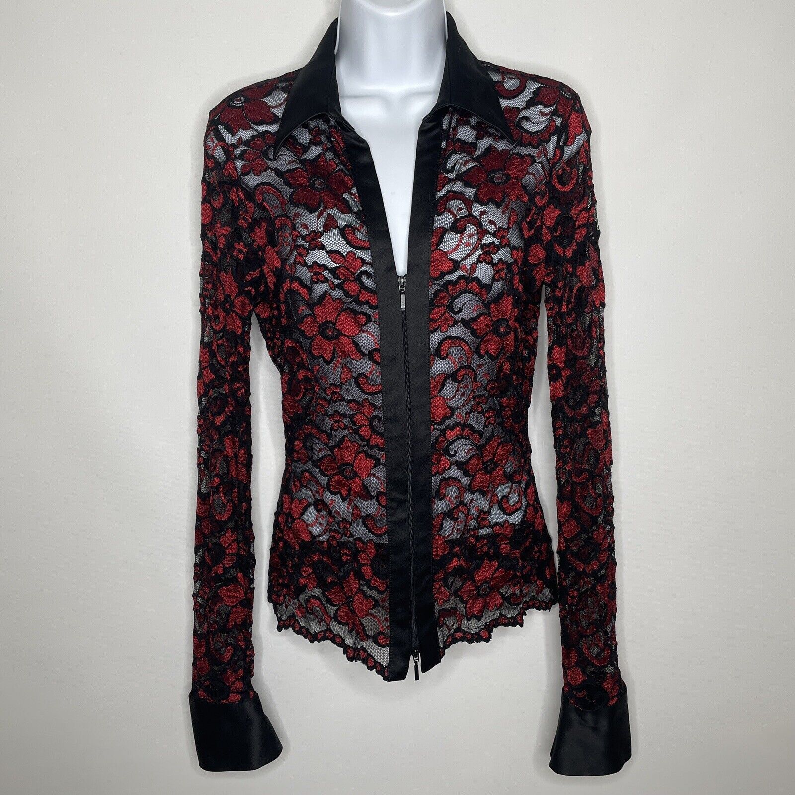 Vintage 90s Cache Sheer Black Red Floral Mesh Lace Zip Front Blouse ...