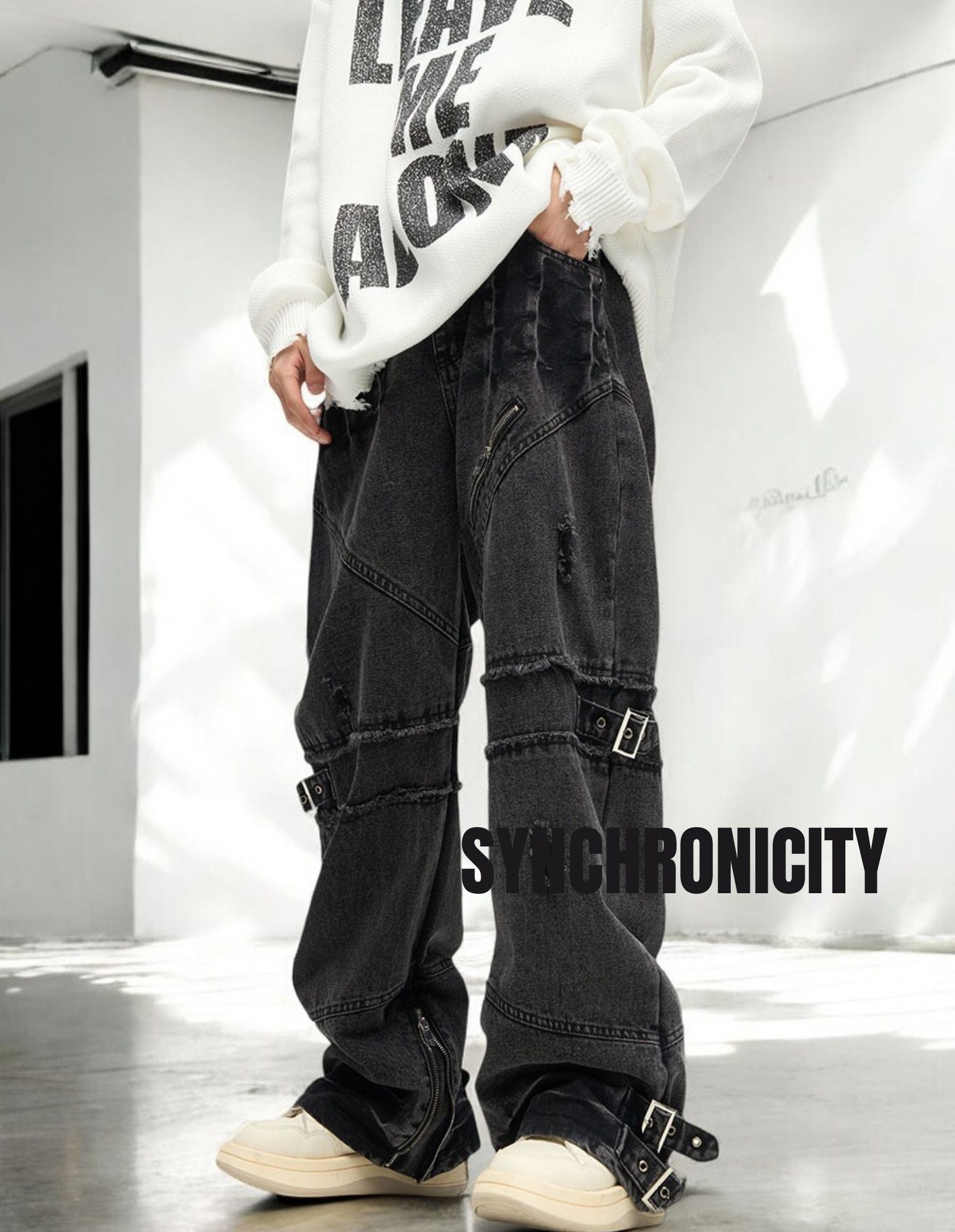 Jean × Streetwear Wide Leg Zipper Stacked Jeans With Buckle Straps ...