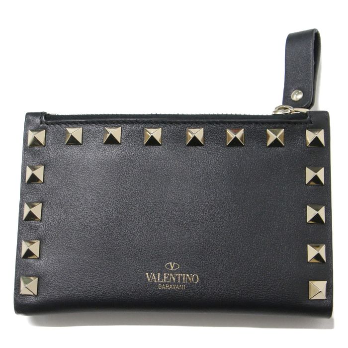 Valentino VALENTINO Wallet Bifold Black Gold Compact Studs Leather ...