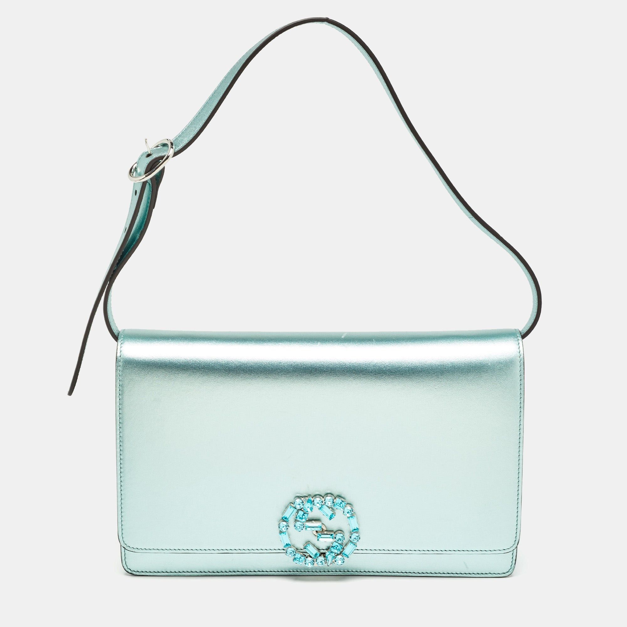 Gucci GUCCI Metallic Mint Green Leather Crystals Broadway Clutch Bag ...