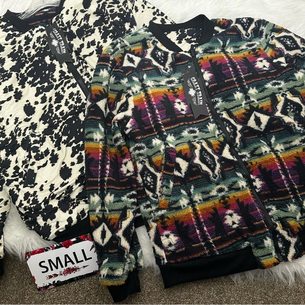 Designer Crazy Train Small Reversible Fleece Jacket Aztec & Cow Print ...