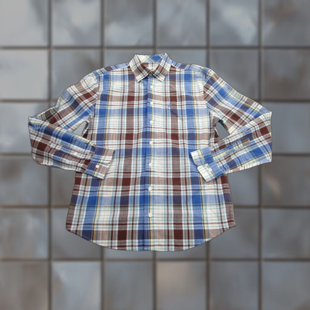 Vintage Johnnie O Mens Shirt Small Blue Brown Windowpane Tattersall Plaid | Grailed